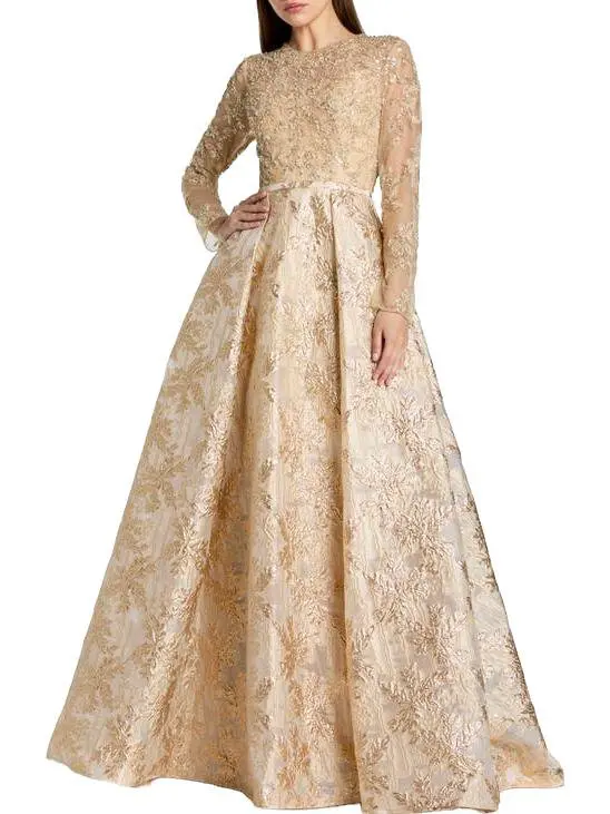 Mac Duggal Long Sleeve Beaded Ballgown - Light Gold