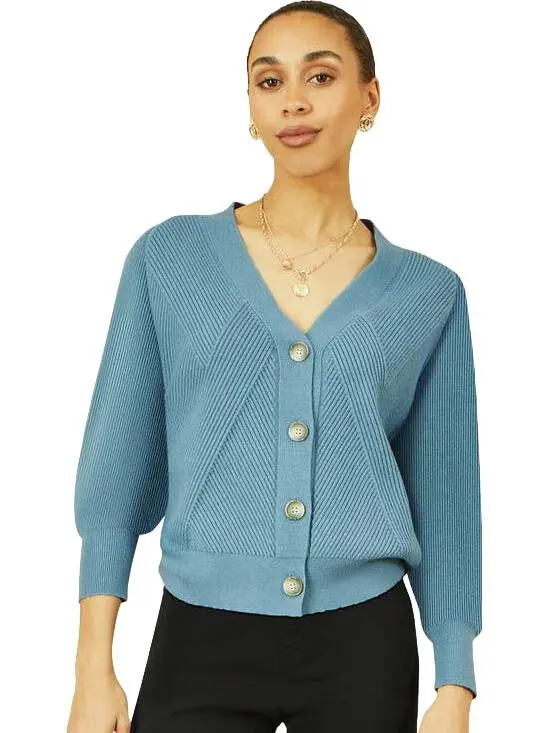 YUMI Knitted Stitch Detail Cardigan - Blue