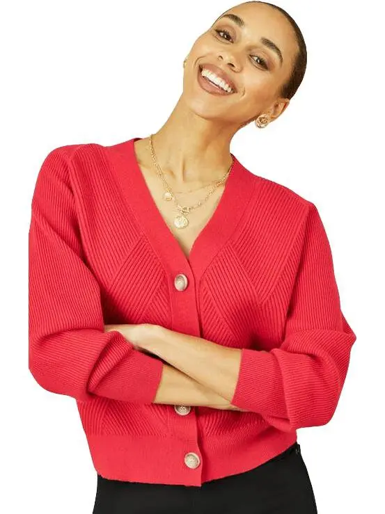 YUMI Knitted Stitch Detail Cardigan - Red