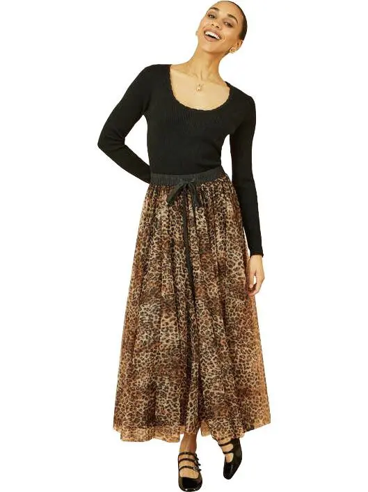 YUMI Mesh Heart Print Tulle Midi Skirt - Brown