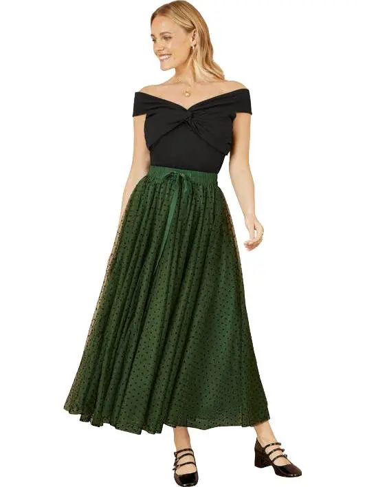 YUMI Mesh Heart Print Tulle Midi Skirt - Green
