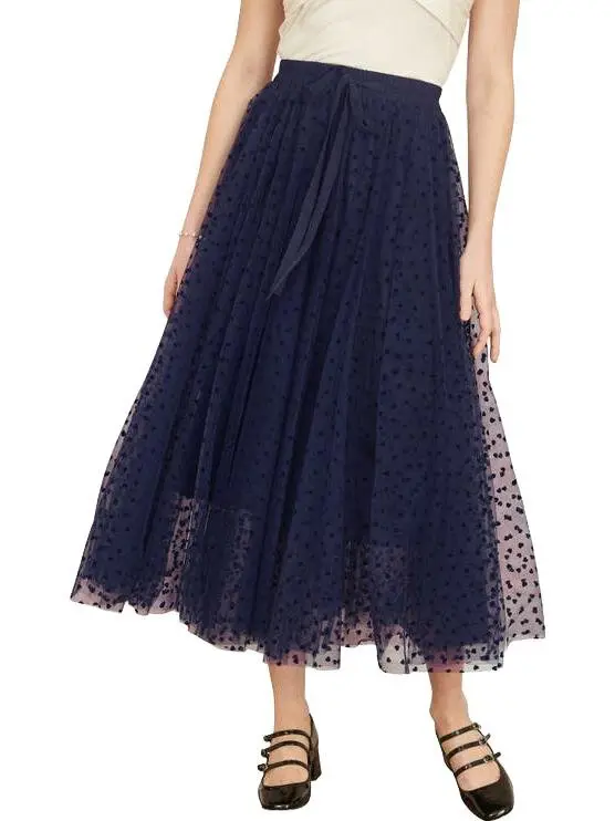 YUMI Mesh Heart Print Tulle Midi Skirt - Navy
