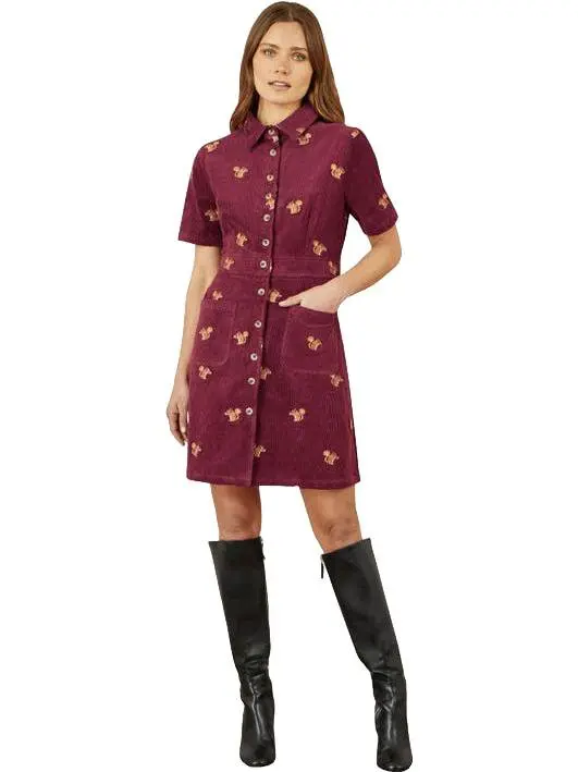 YUMI Fox Embroidered Cord Shirt Dress - Burgundy
