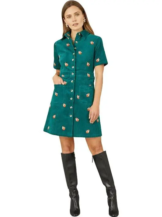 YUMI Fox Embroidered Cord Shirt Dress - Teal