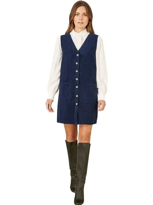 YUMI Cord Tunic Dress With Pockets - Navy