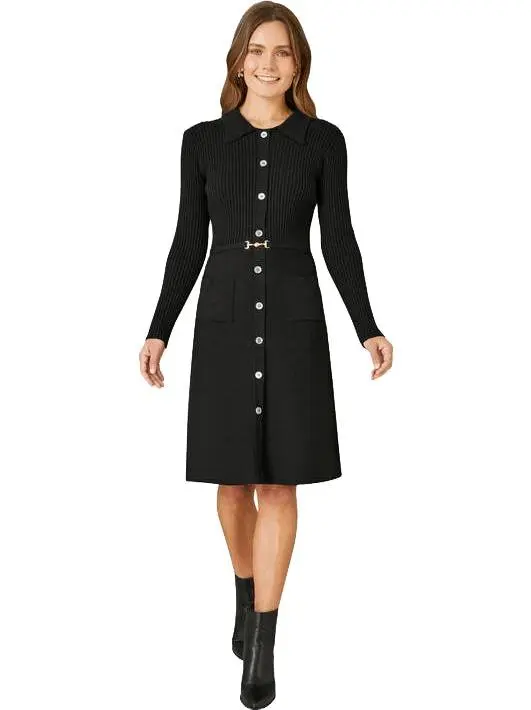YUMI Belted Rib Knit Midi Shirt Dress With Pockets - Black