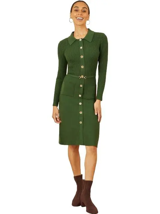 YUMI Belted Rib Knit Midi Shirt Dress With Pockets - Green