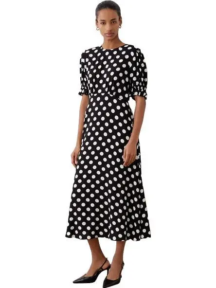 FINERY LONDON Mela Polka Dot Midi Tea Dress - Black Spot