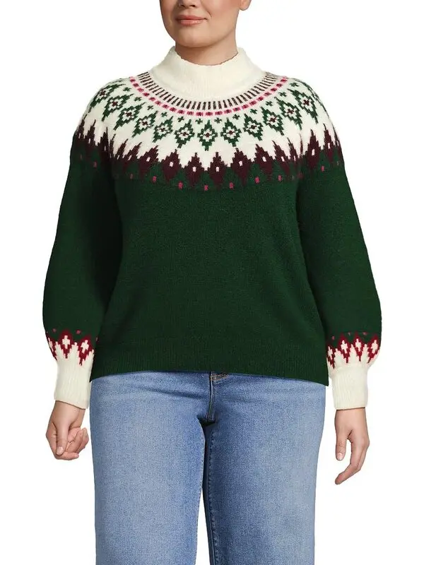LANDS' END Fuzzy Jacquard Turtleneck Sweater - Pine Valley Fairisle