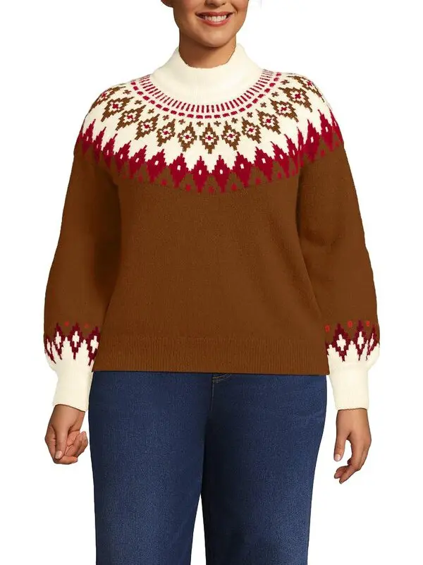 LANDS' END Fuzzy Jacquard Turtleneck Sweater - Rich Ginger Brown Fairisle