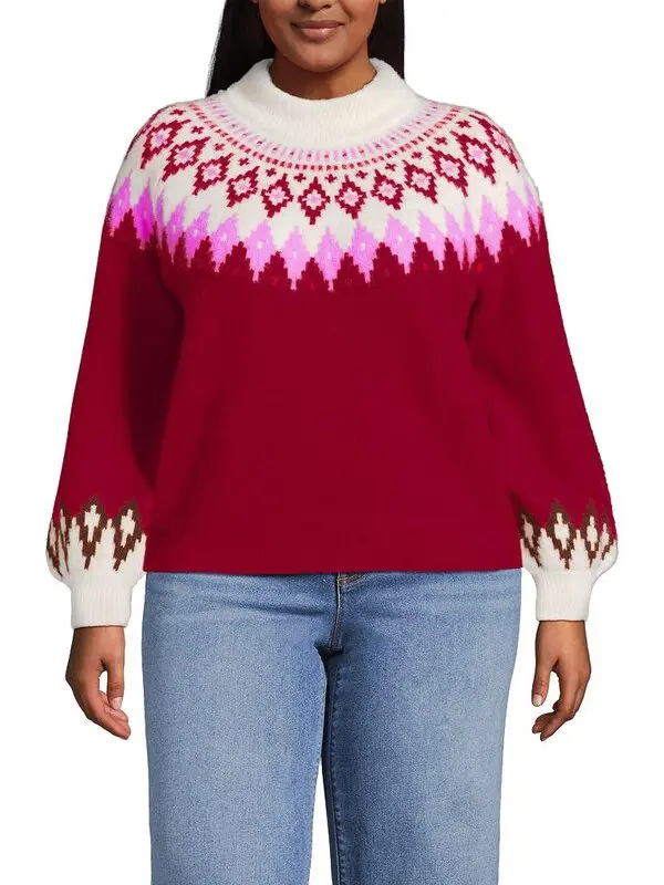 LANDS' END Fuzzy Turtleneck Lantern Sleeve Sweater - Rich Red Fairisle
