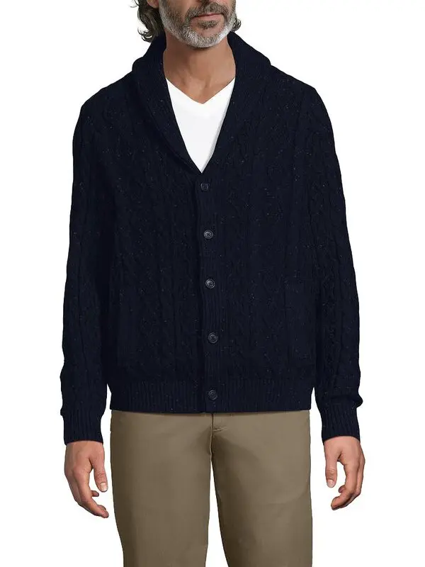 LANDS' END Cotton Blend Cable Shawl Cardigan Sweater - Highlands Navy Donegal