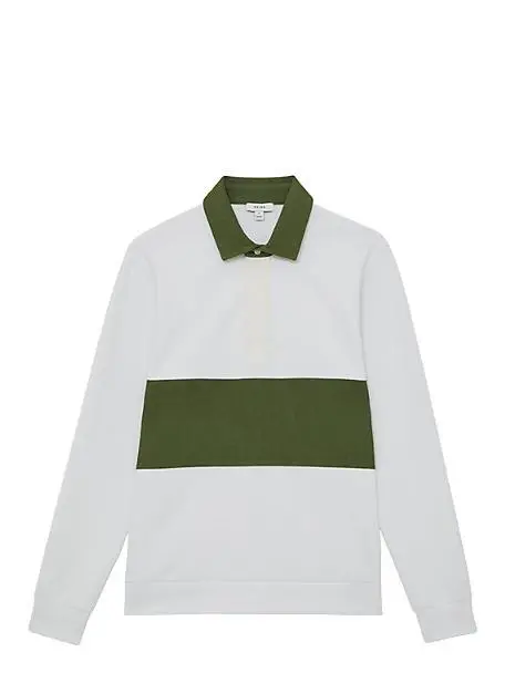 REISS Mason Colour-block Cotton Rugby Shirt - White Green