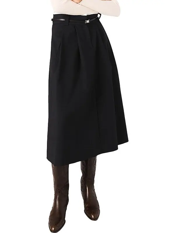 Maje Jadine Belted Midi Skirt - Navy