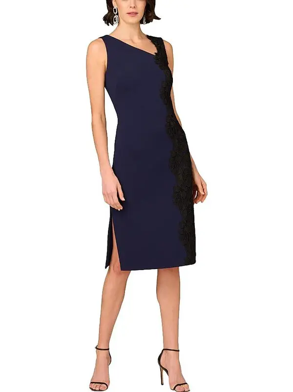 Aidan Mattox Crepe Asymmetric Neck Midi Dress - Navy Black