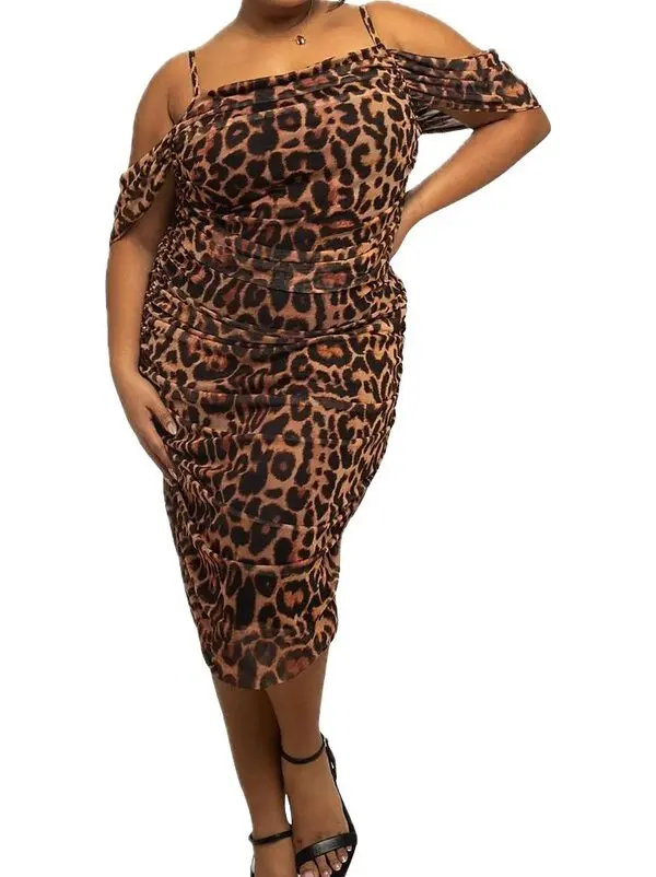 FASHION-SZN CURVE Leopard Print Mesh Midi Dress - Brown