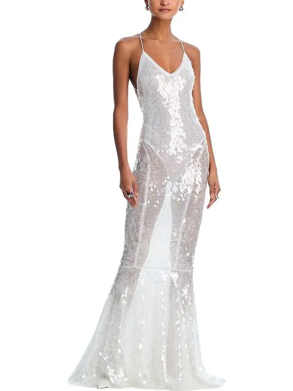 Norma Kamali Low Back Fara Slip Fishtail Gown - Clear/white