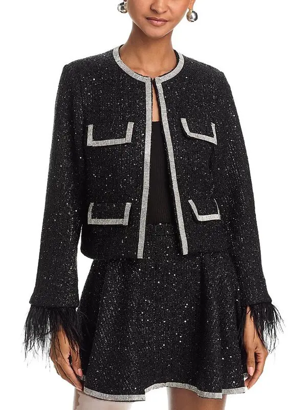 Aqua Rhinestone And Feather Tweed Jacket - Black