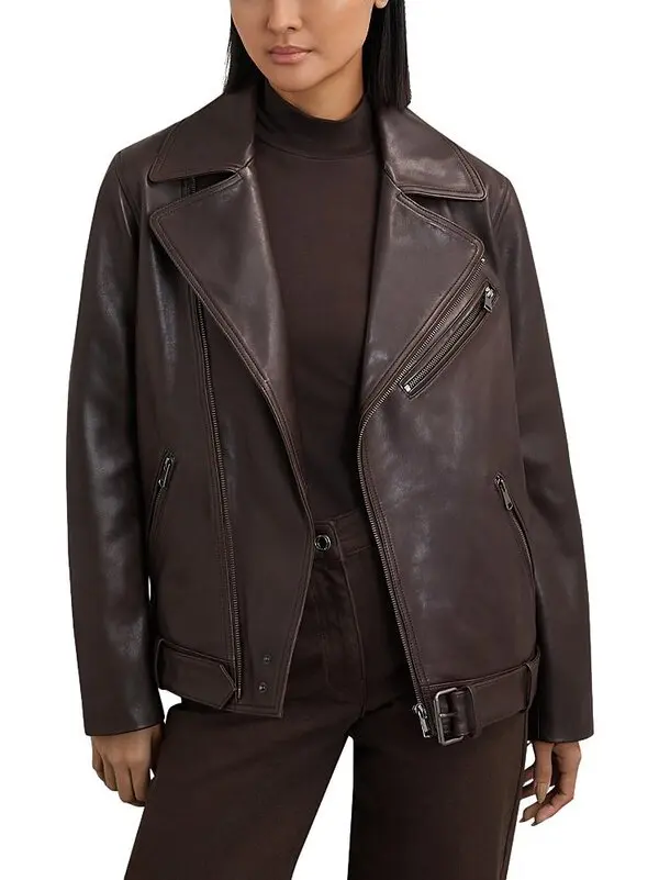 REISS Leather Biker Jacket - Chocolate