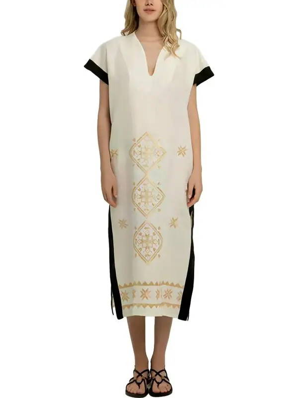 Greek Archaic Kori Geometric Embroidered Midi Dress - Neutrals