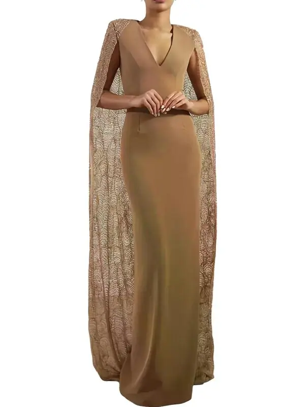 RHEA COSTA Asma Cape-detail Maxi Dress - Neutrals