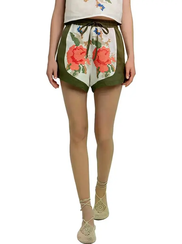 Greek Archaic Kori Floral Print Drawstring Shorts - Neutrals
