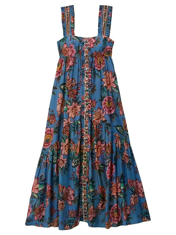 Farm Rio Wonderful Bouquet Floral Ruffled Maxi Dress - Blue