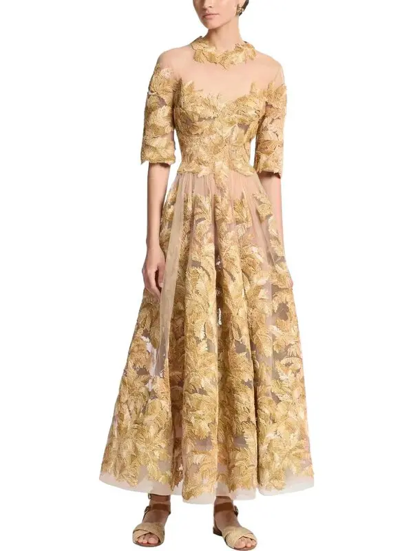 Elie Saab Embroidered Tulle Midi Dress - Yellow