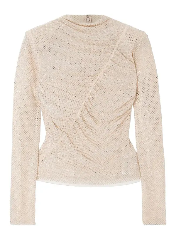 SELF-PORTRAIT Ruched Crystal-embellished Jersey Blouse - Neutrals
