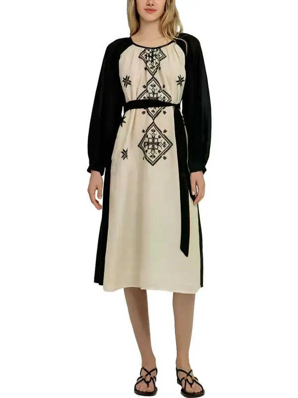 Greek Archaic Kori Geometric-pattern Long-sleeve Midi Dress - Neutrals