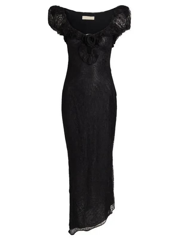 DE LA VALI Eden Ruffle-trimmed Lace Midi Dress - Black