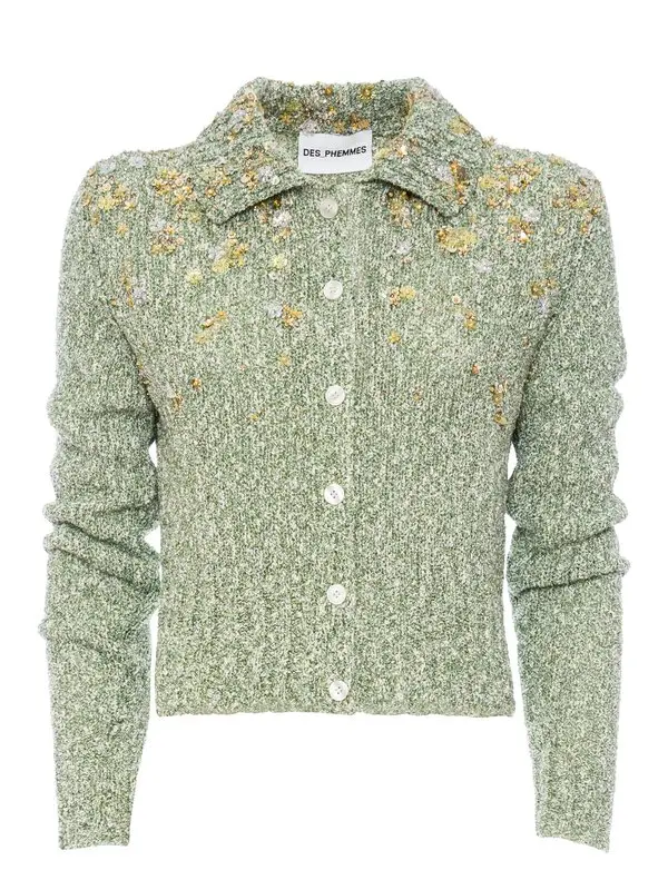 DES_PHEMMES Beaded Boucle Cardigan - Green