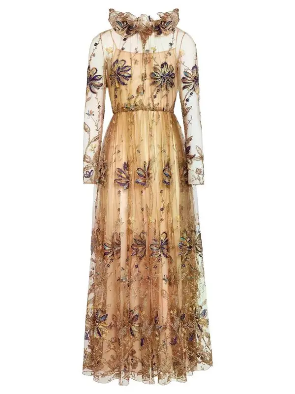 Giambattista Valli Embroidered Flowers Tulle-ruffle Midi Dress - Brown