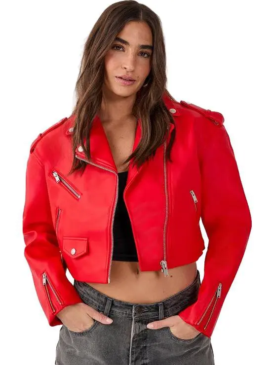 Nasty Gal Faux Leather Cropped Boxy Biker Jacket - Red