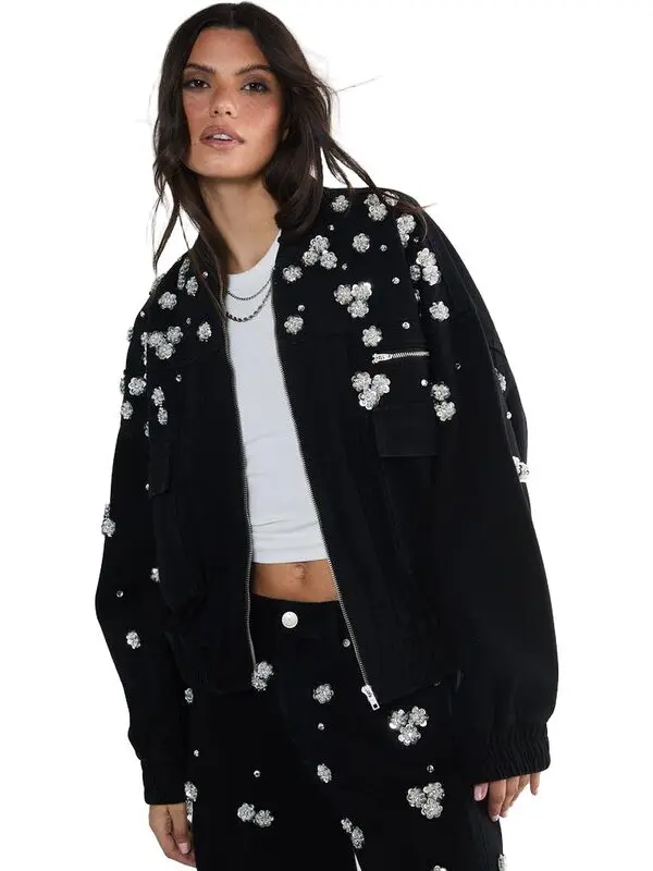 Nasty Gal Embellished Floral Appliqué Denim Jacket - Washed Black
