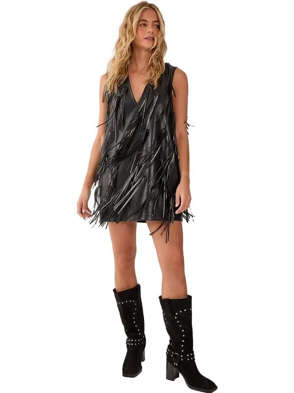 Nasty Gal Faux Leather Tassel Plunge Mini Dress - Black