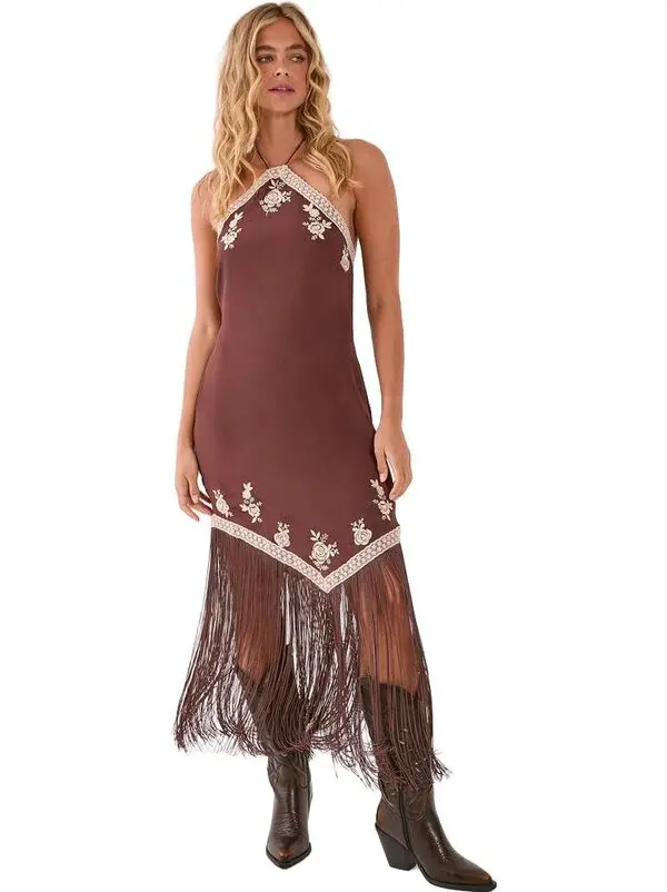 Nasty Gal Halter Neck Tassel Mini Dress - Chocolate