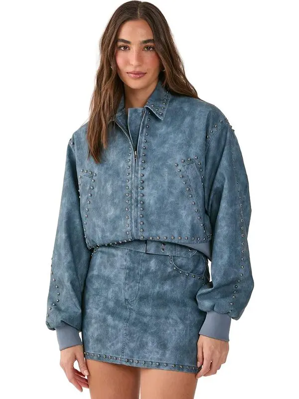 Nasty Gal Leather Studded Cropped Bomber Jacket - Blue