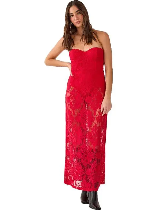 Nasty Gal Lace Bandeau Sheer Maxi Dress - Red