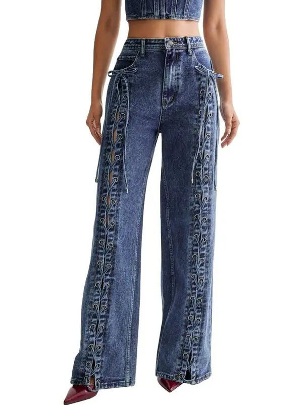 Nasty Gal Lace-up Wide-leg Jeans - Authentic Midwash