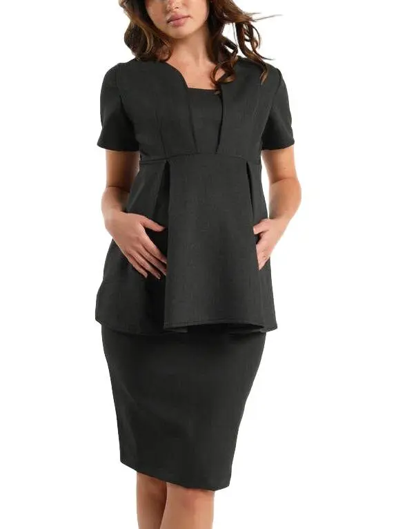 MARION Petite Short Sleeve Empire Waist Maternity & Nursing Suit Top In Italian Stretch Fabric - Charcoal Grey