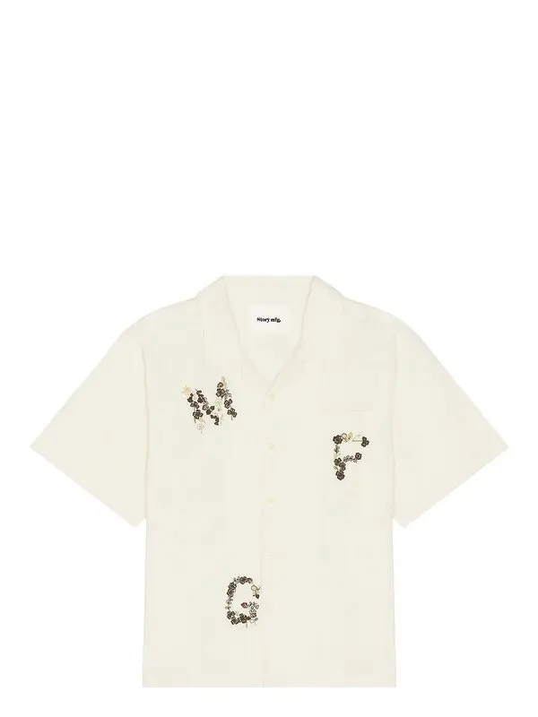 STORY MFG. Greetings Shirt In White - Ecru Clover Embroidery
