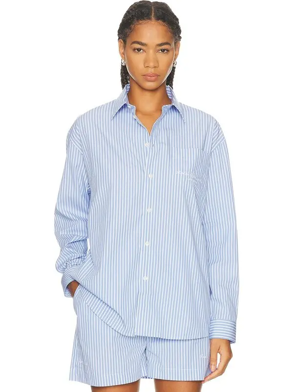 SPORTY & RICH X Hotel Du Cap Eden Roc Eden Script Oversized Shirt - Blue & White Stripe