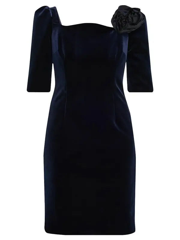 Rickie Freeman For Teri Jon Floral Applique Velvet Knee Length Dress - Navy