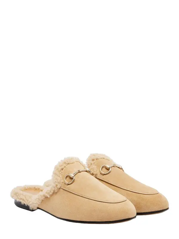 Gucci Shearling-trimmed Suede Mules - Beige