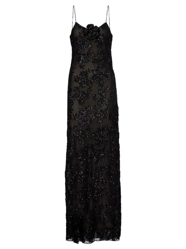RODARTE Floral-appliqué Sequined Gown - Black