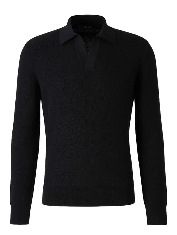 Zegna Polo Collar Cashmere Knit Sweater - Black