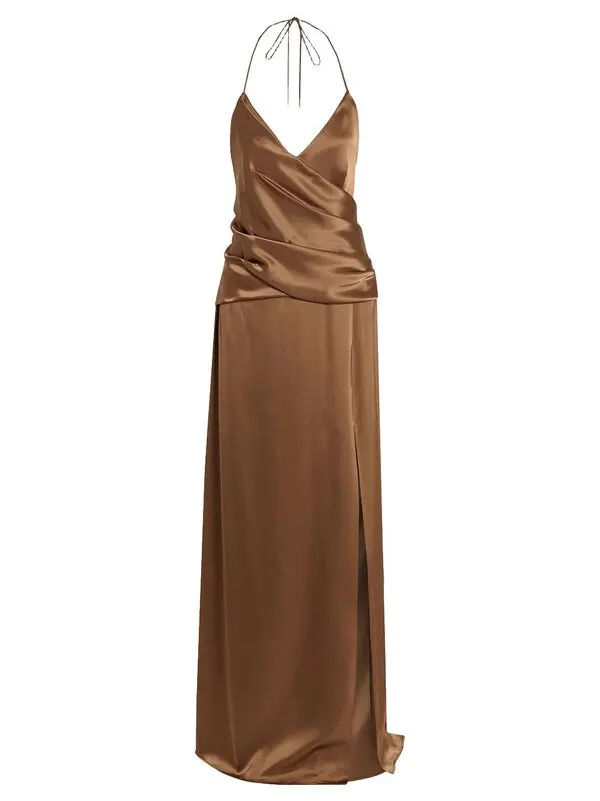 Carolina Herrera Draped Satin Halterneck Gown - Brown