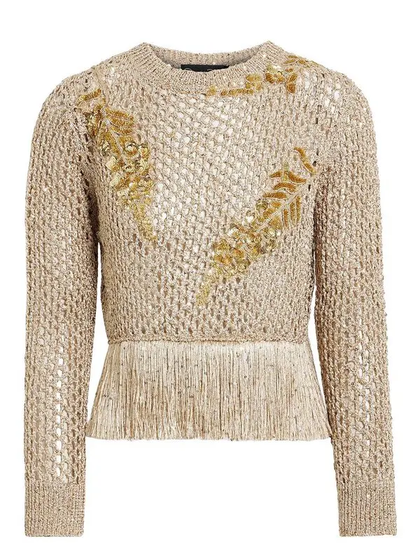 Oscar De La Renta Cropped Fringed Metallic Open-knit Top - Gold