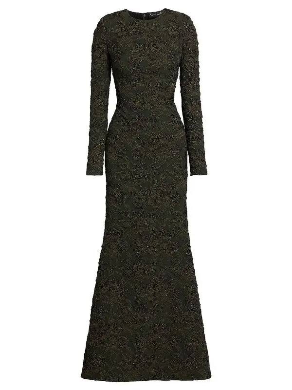 Oscar De La Renta Metallic Jacquard Gown - Dark Green